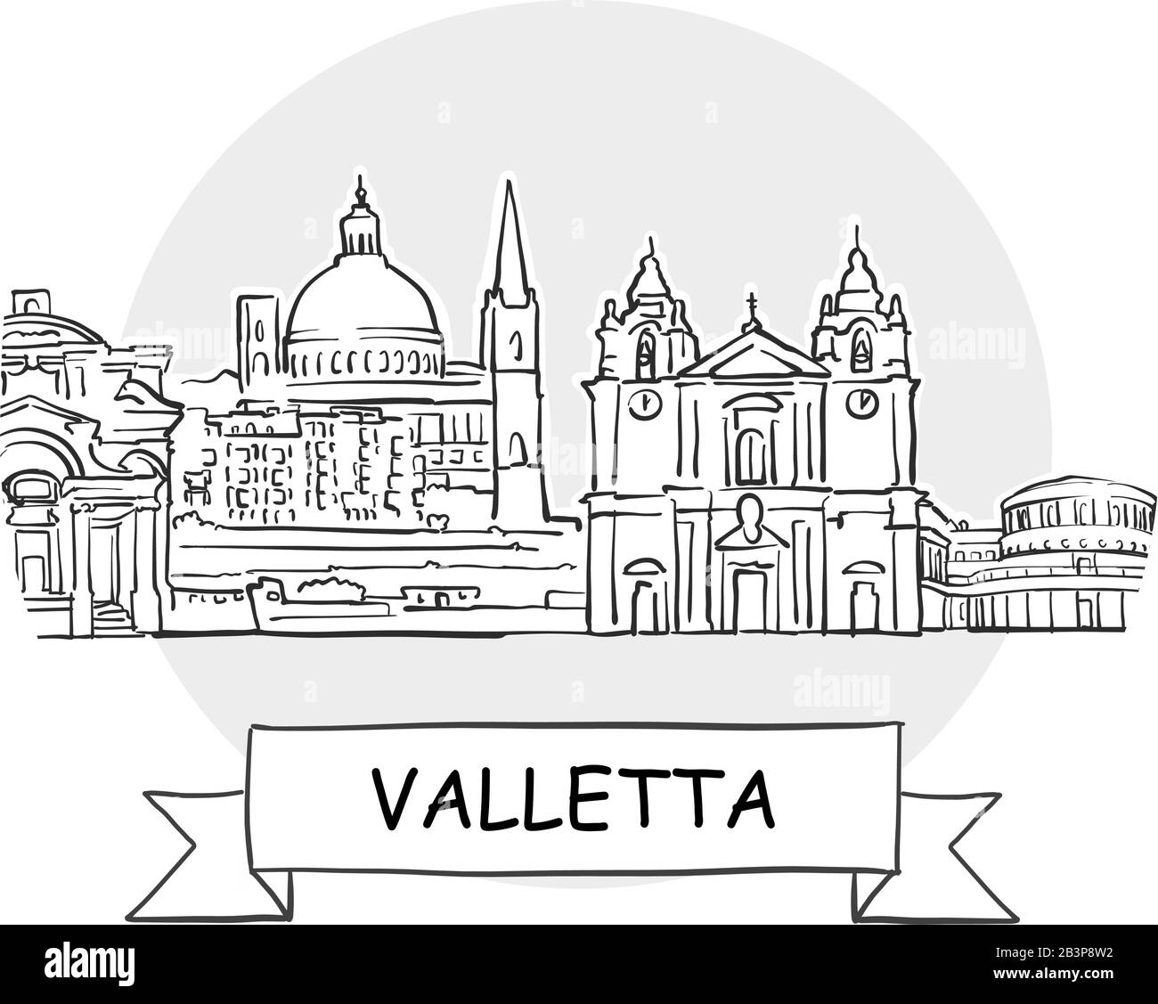 Valletta Cityscape Vector Sign. Line Art Illustration with Ribbon and ...
