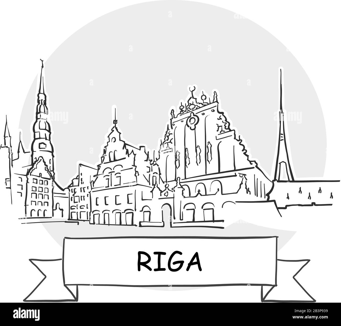 Riga Cityscape Vector Sign. Line Art Illustration with Ribbon and Title ...