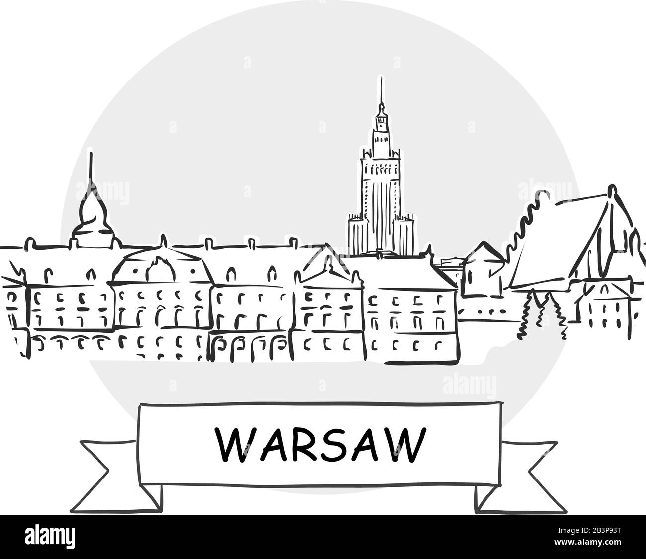 Warsaw Cityscape Vector Sign. Line Art Illustration with Ribbon and ...