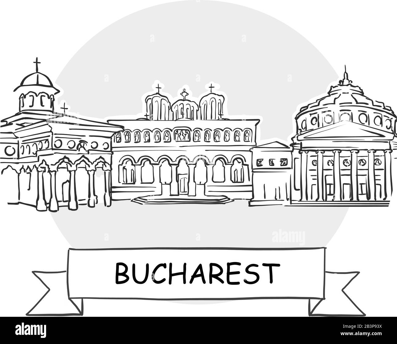 Bucharest Cityscape Vector Sign. Line Art Illustration with Ribbon and ...
