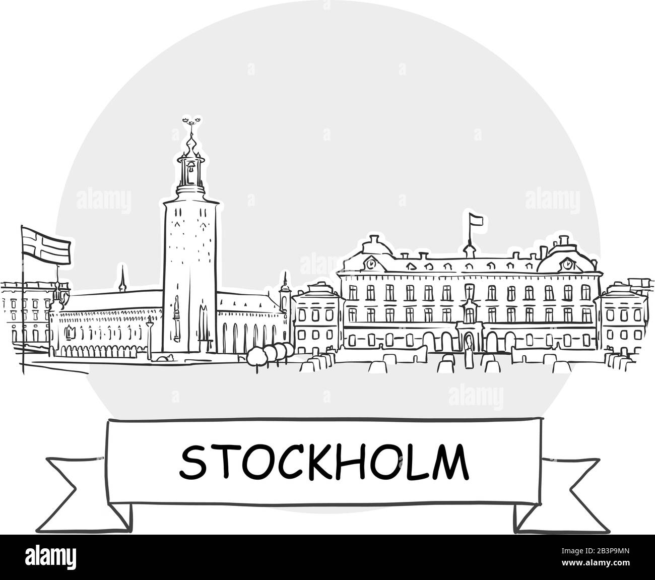 Stockholm Cityscape Vector Sign. Line Art Illustration with Ribbon and ...
