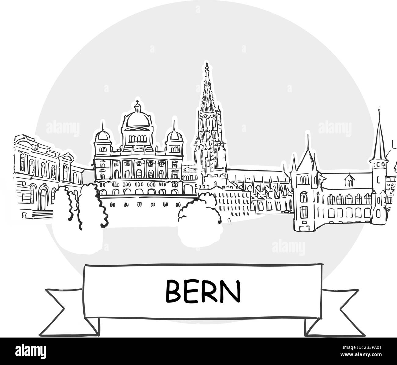 Bern Cityscape Vector Sign. Line Art Illustration with Ribbon and Title ...