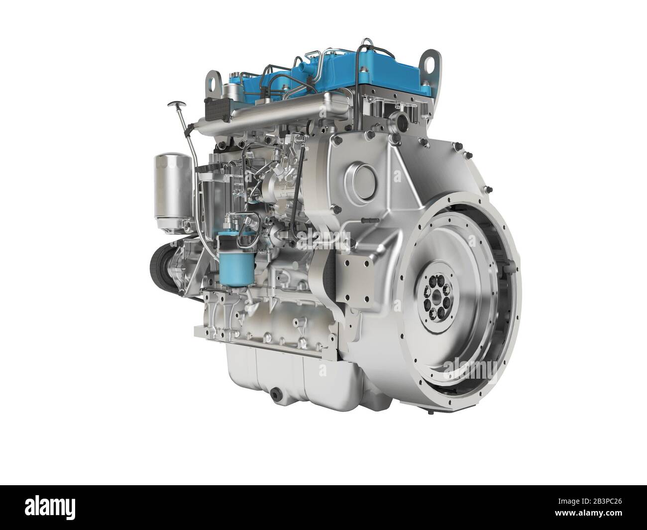 3D rendering of blue diesel engine for car assembly on white background ...