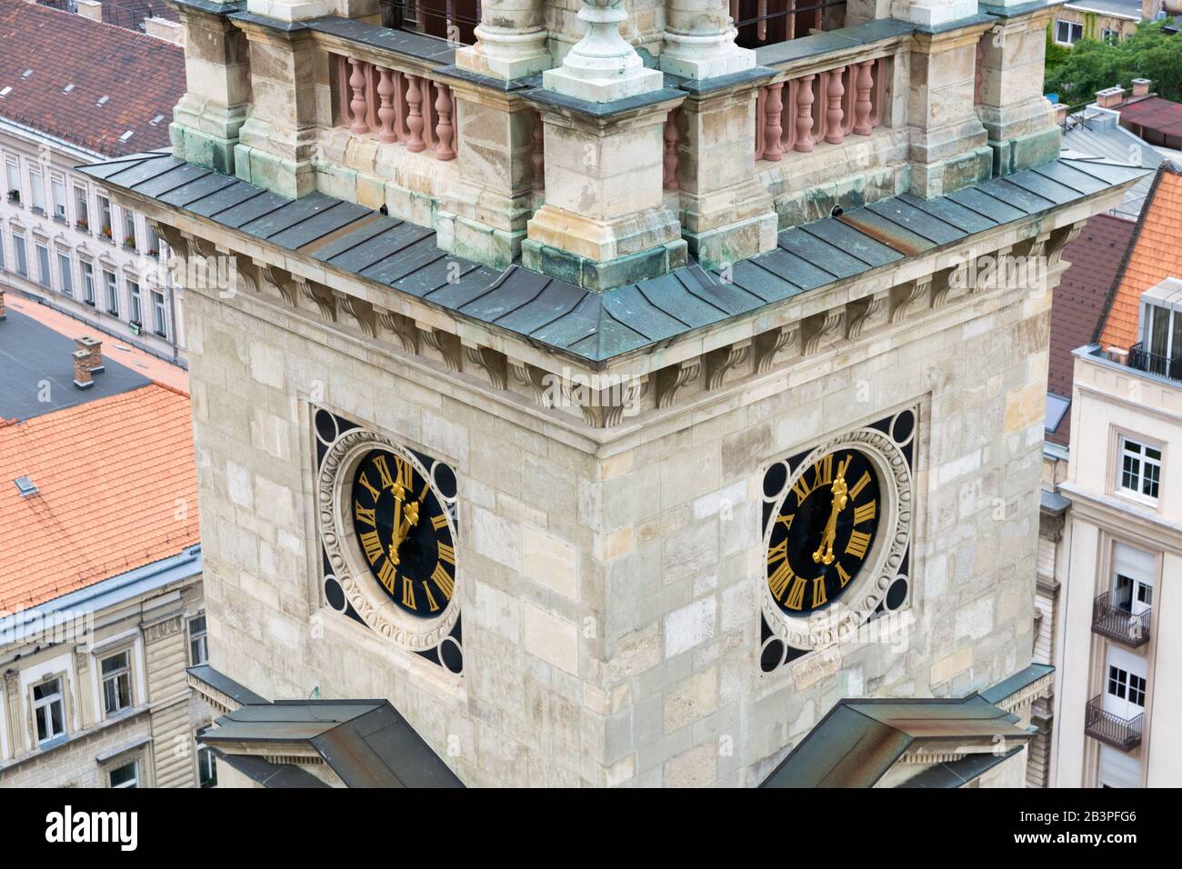 Tower with clock from St Stephens Basilica in Budapest, Hungary Stock ...