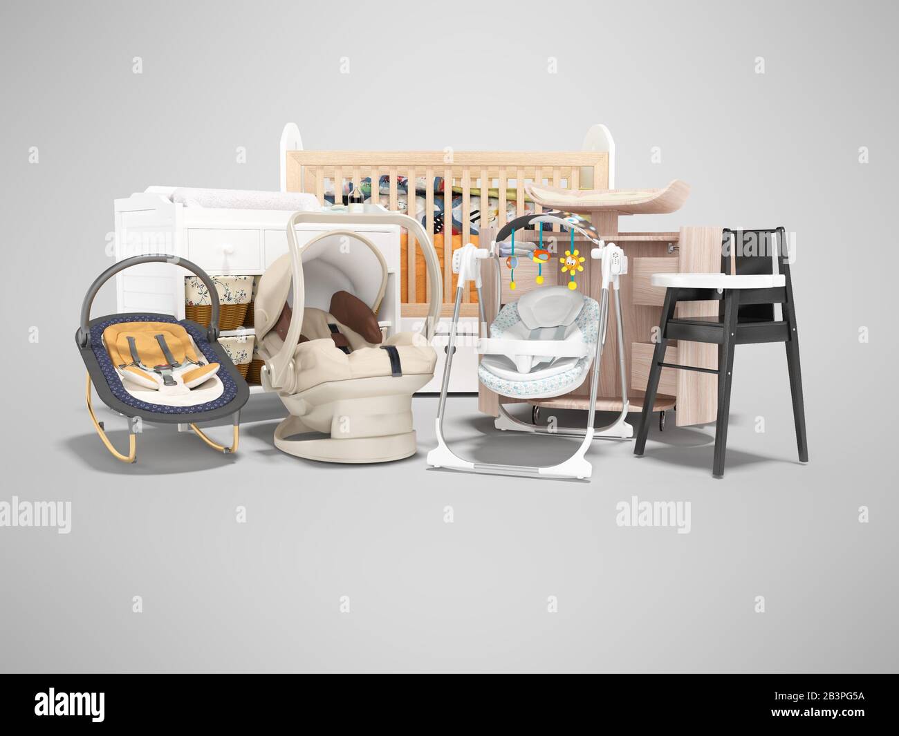 3d rendering of concept baby rocking chair baby bed changing table and ...