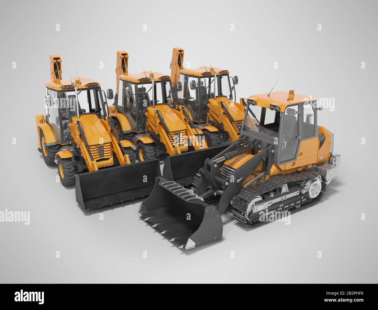 3D rendering of crawler excavator and three backhoe loaders for work on ...