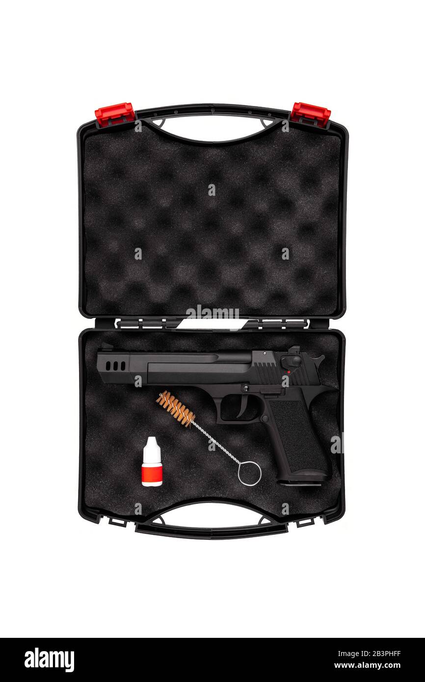 Black gun pistol isolated on white background. A large and powerful ...