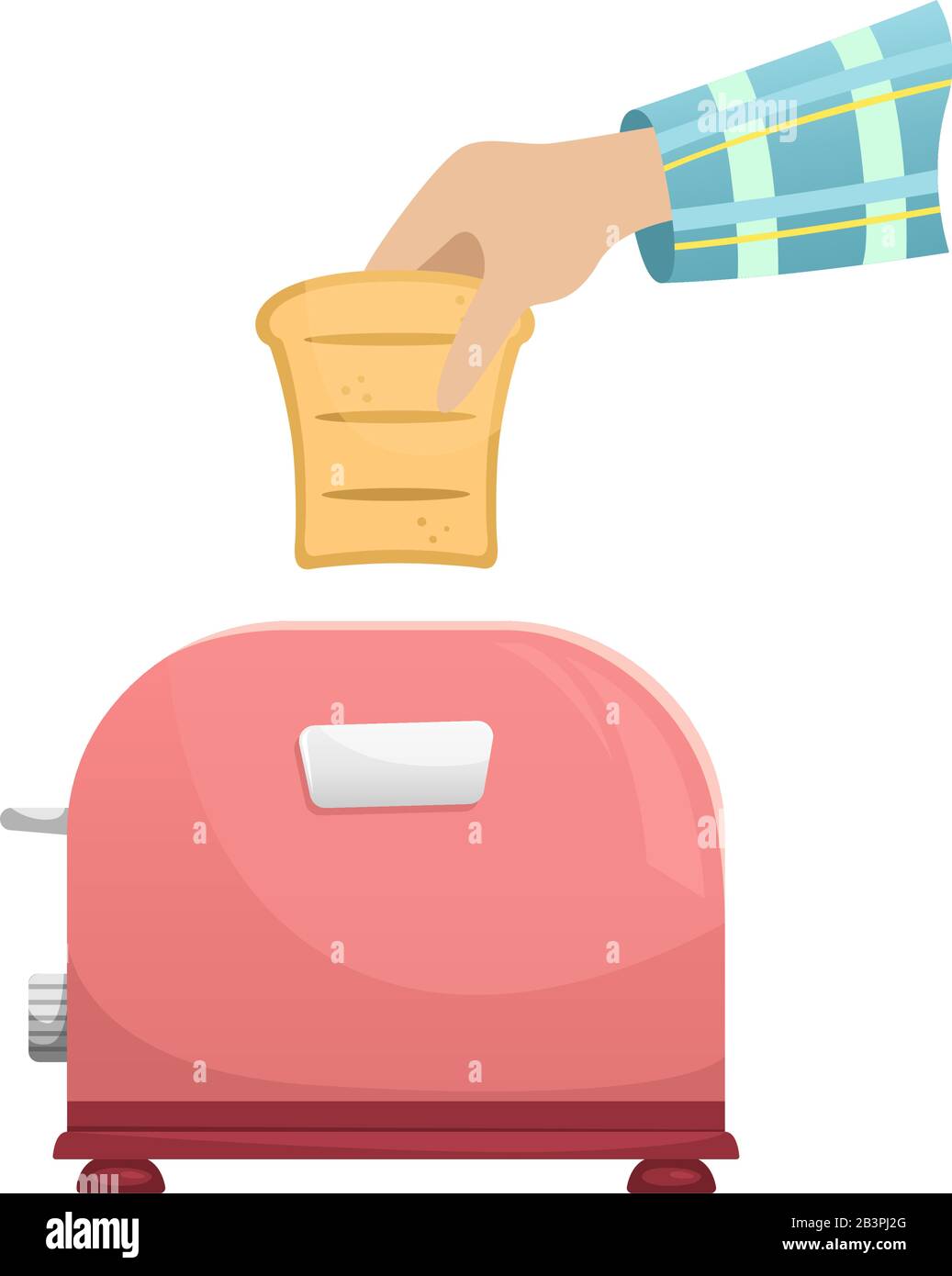 Hand drops a piece of bread into the toaster. Vector flat isolated ...