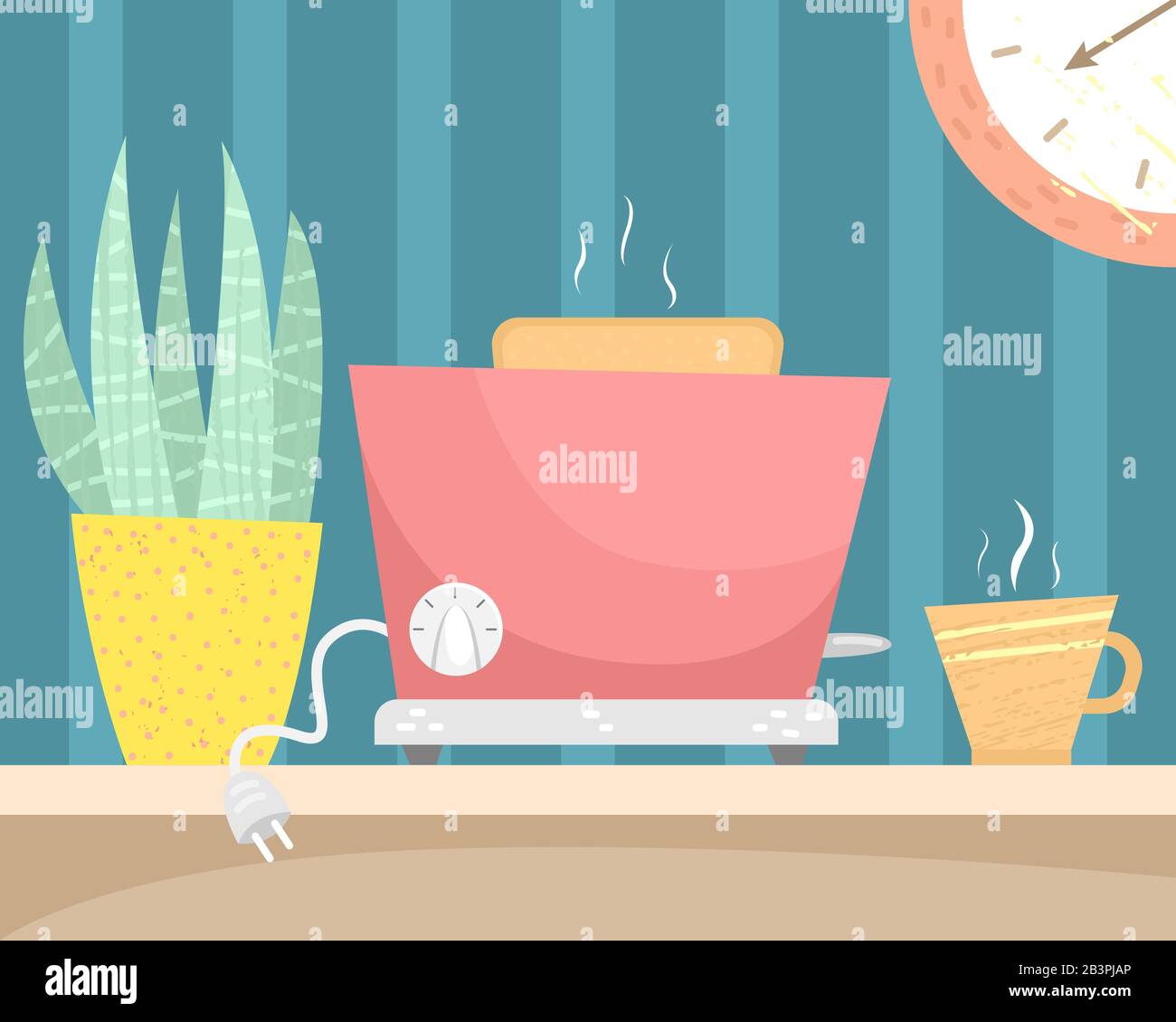 Vector flat toaster with piece of bread. Bright illustration in a room ...