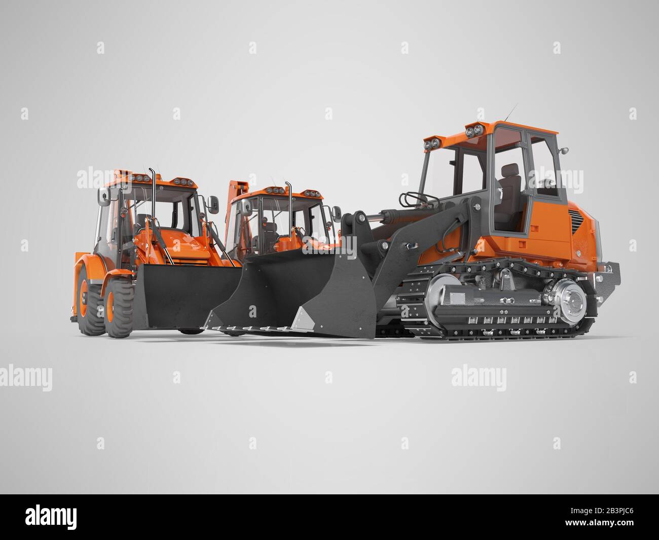 3D rendering of crawler excavator and two backhoe loader on gray ...