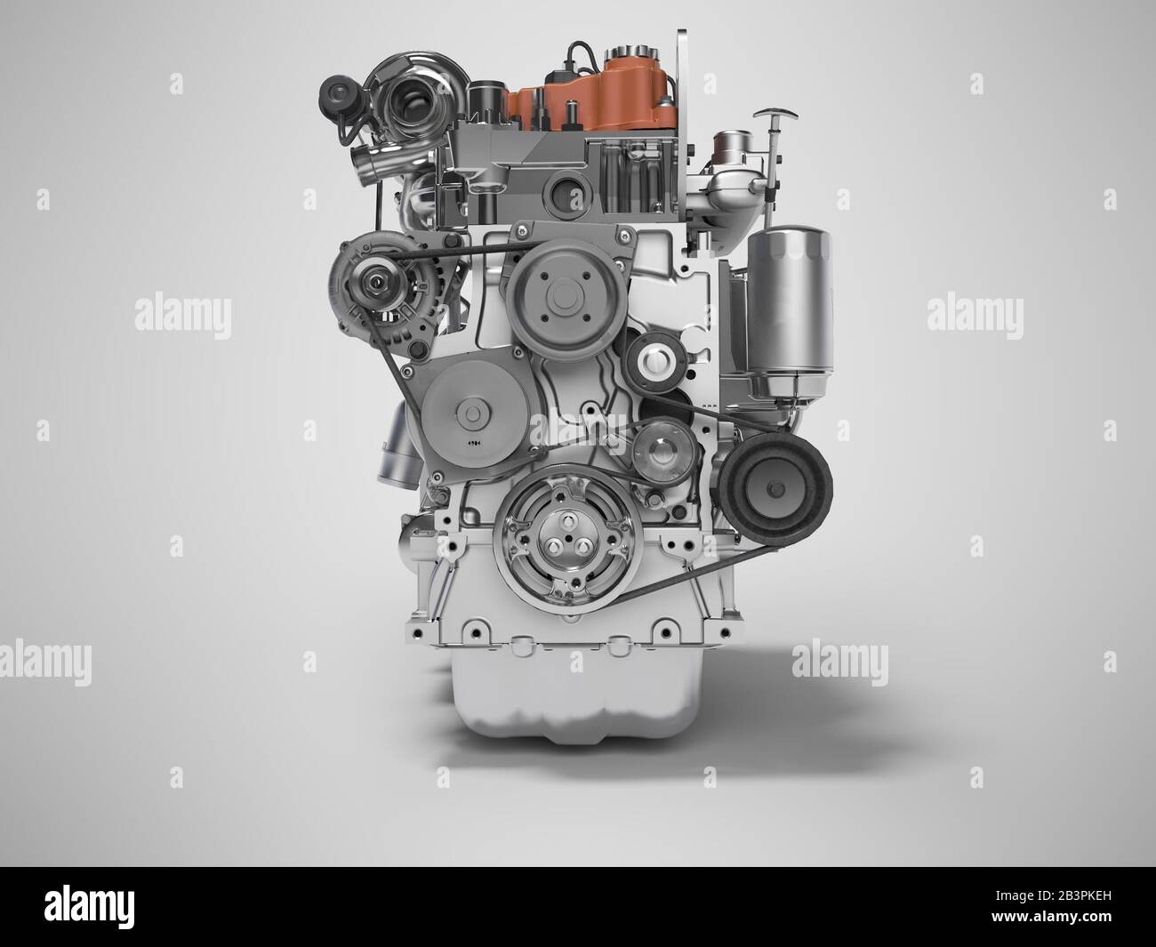 3D rendering of diesel engine for car front view on gray background ...