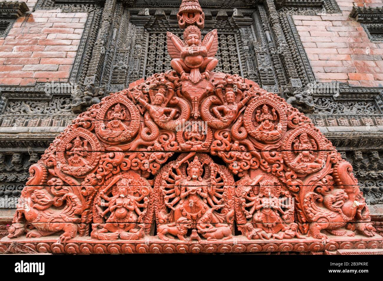 Wood-carved reliefs of gods and symbols of Kumari Ghar at Durbar Square ...