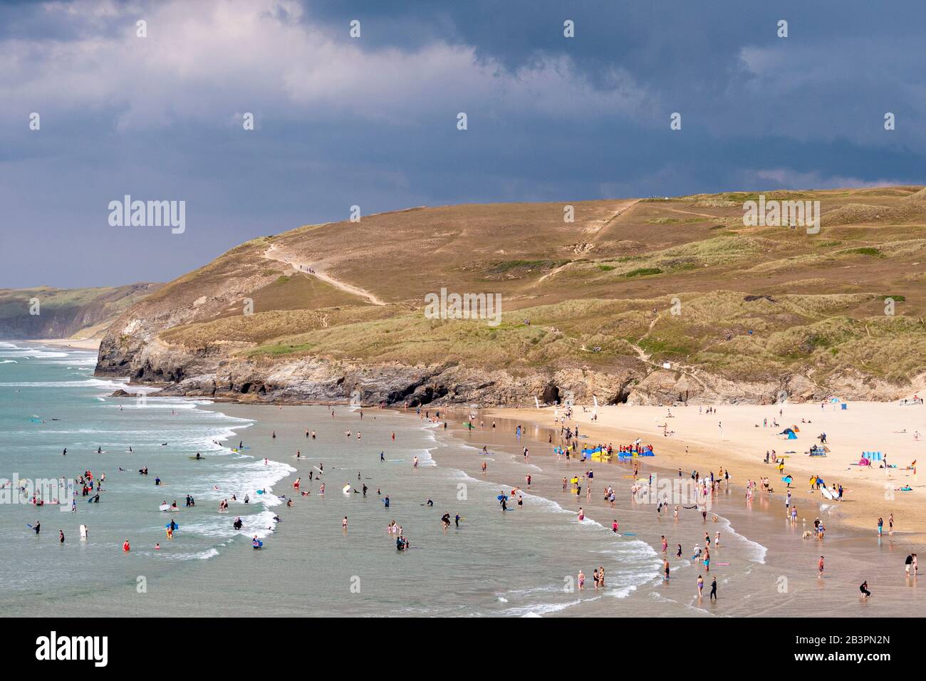 Perran beach on a wam July day, Perranporth, north Cornwall, UK Stock ...