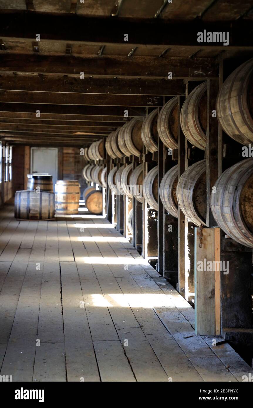 Whiskey barrels stored in traditional warehouse rack house in Barton ...