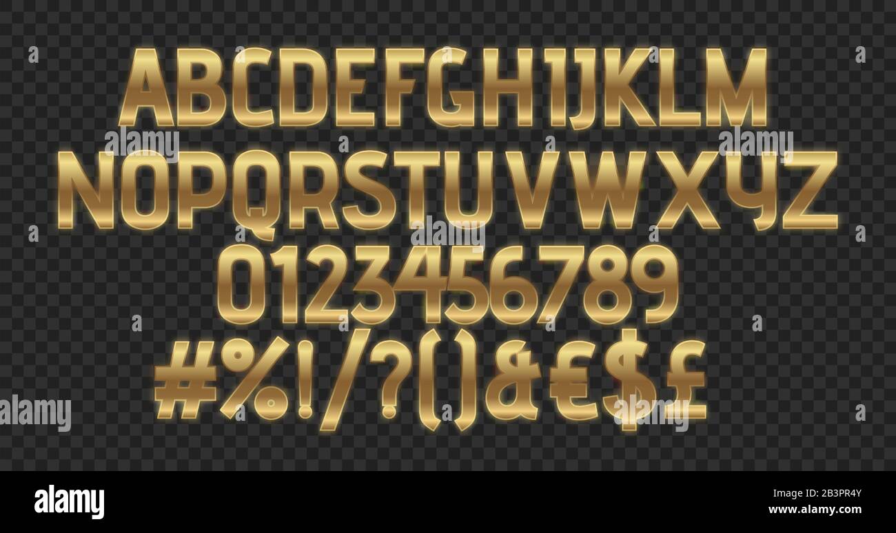 Gold luxury letters. Golden font. Elegant metal effect. Vector gloss ...