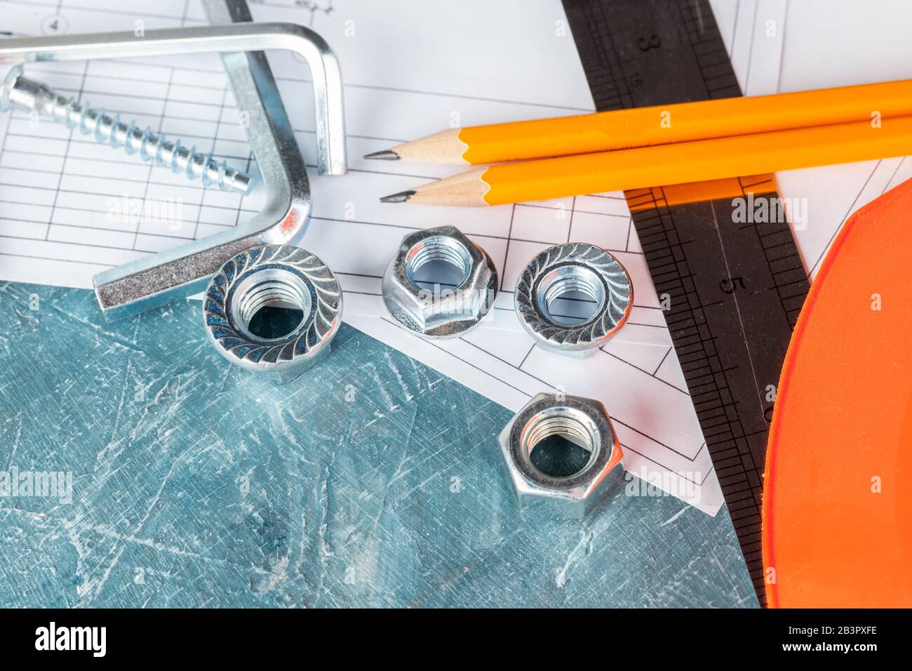 different construction tools on blue background. creative photo Stock ...