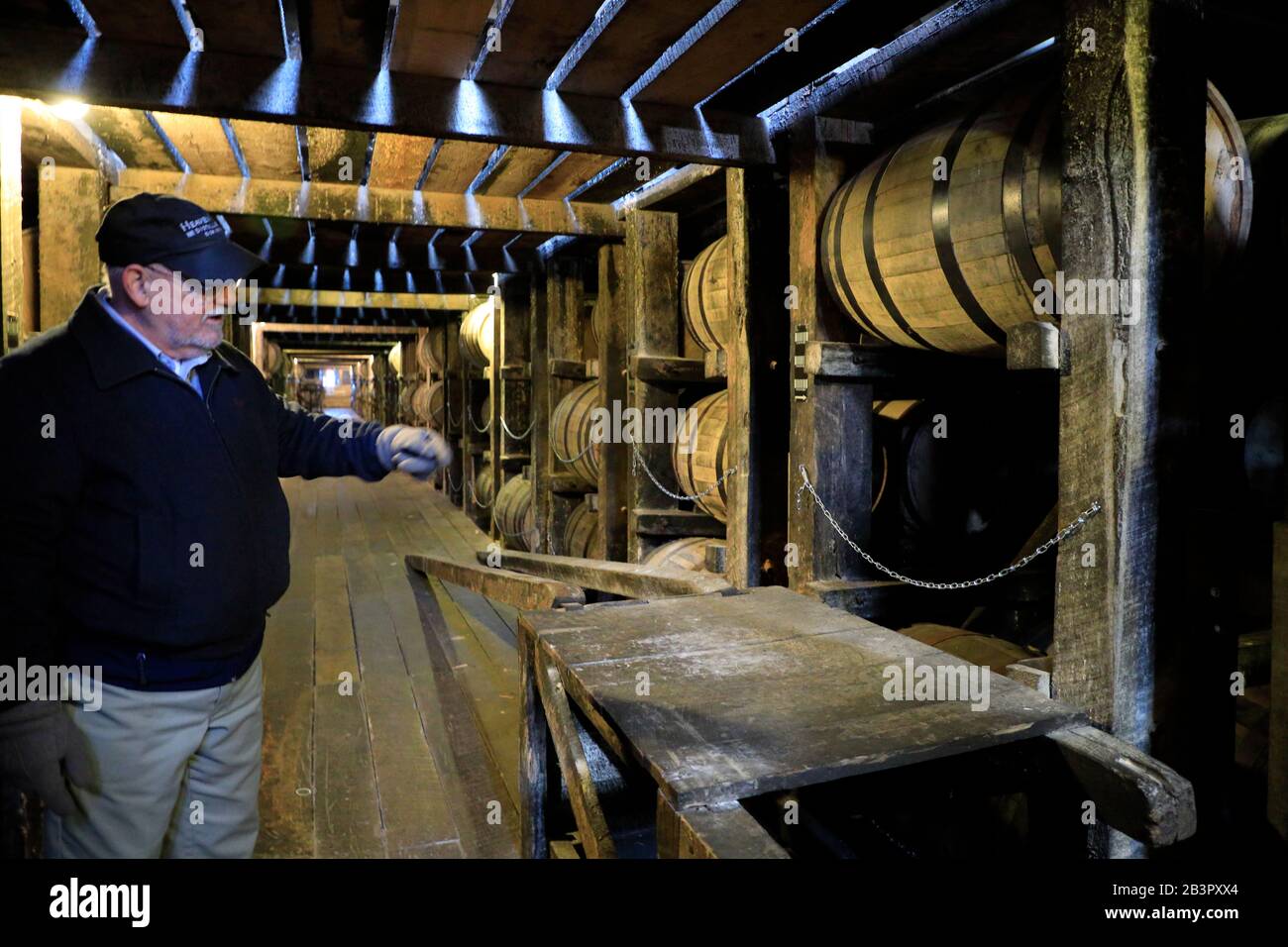 Tour guide introduce the Bourbon whiskey maturation process inside the ...