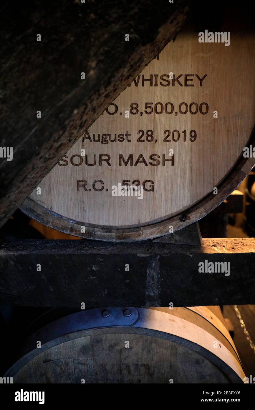 Bourbon whiskey barrels stored inside the rickhouse/rackhouse of Heaven ...
