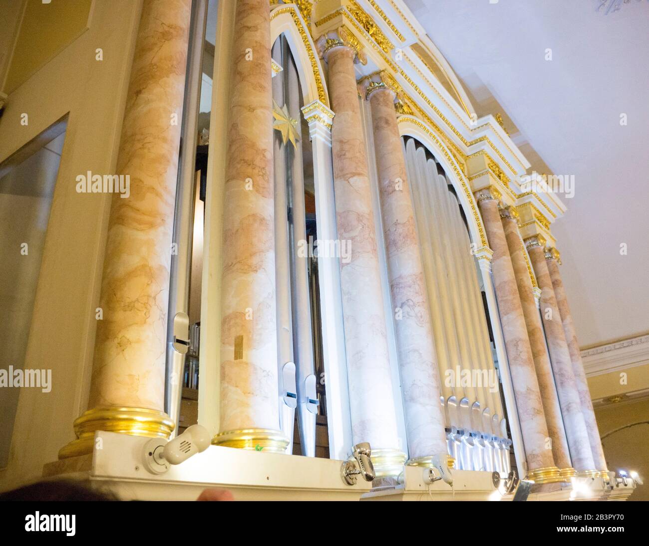 part of the church organ with many air pipes made of metal Stock Photo ...