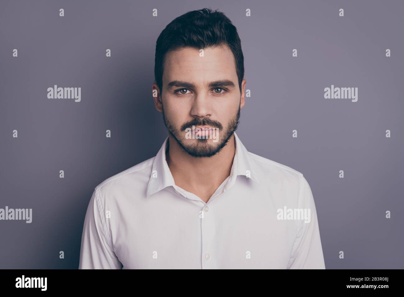 Closeup photo of young handsome serious business man bossy employer ...