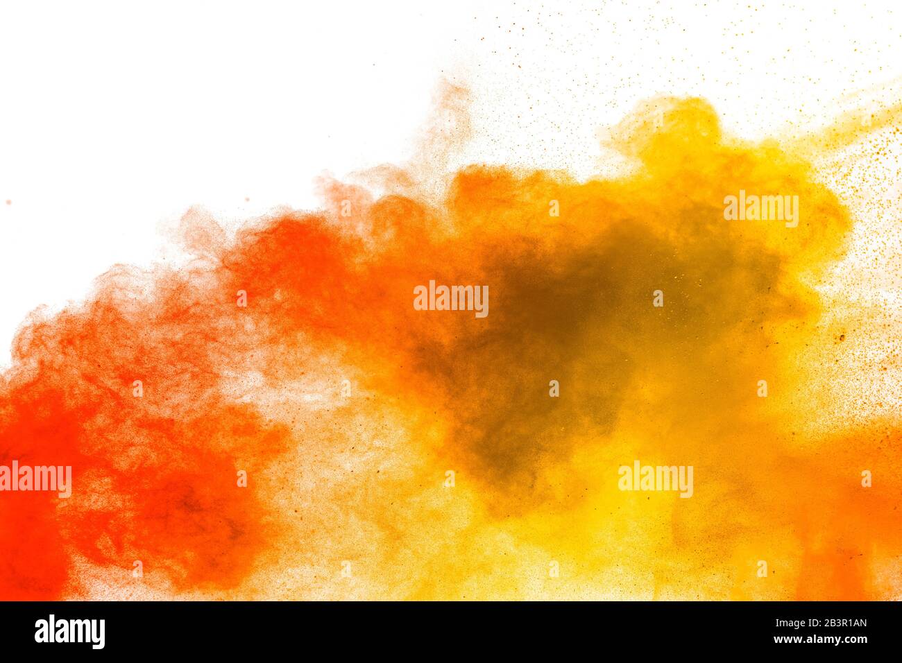Red yellow powder explosion on white background.Red yellow color dust ...