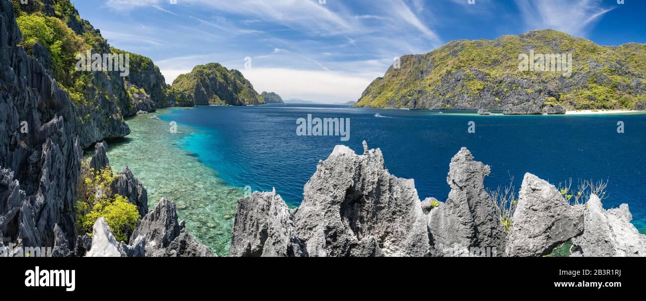 El Nido, Palawan, Philippines. Panorama of tapiutan strait with tourist ...