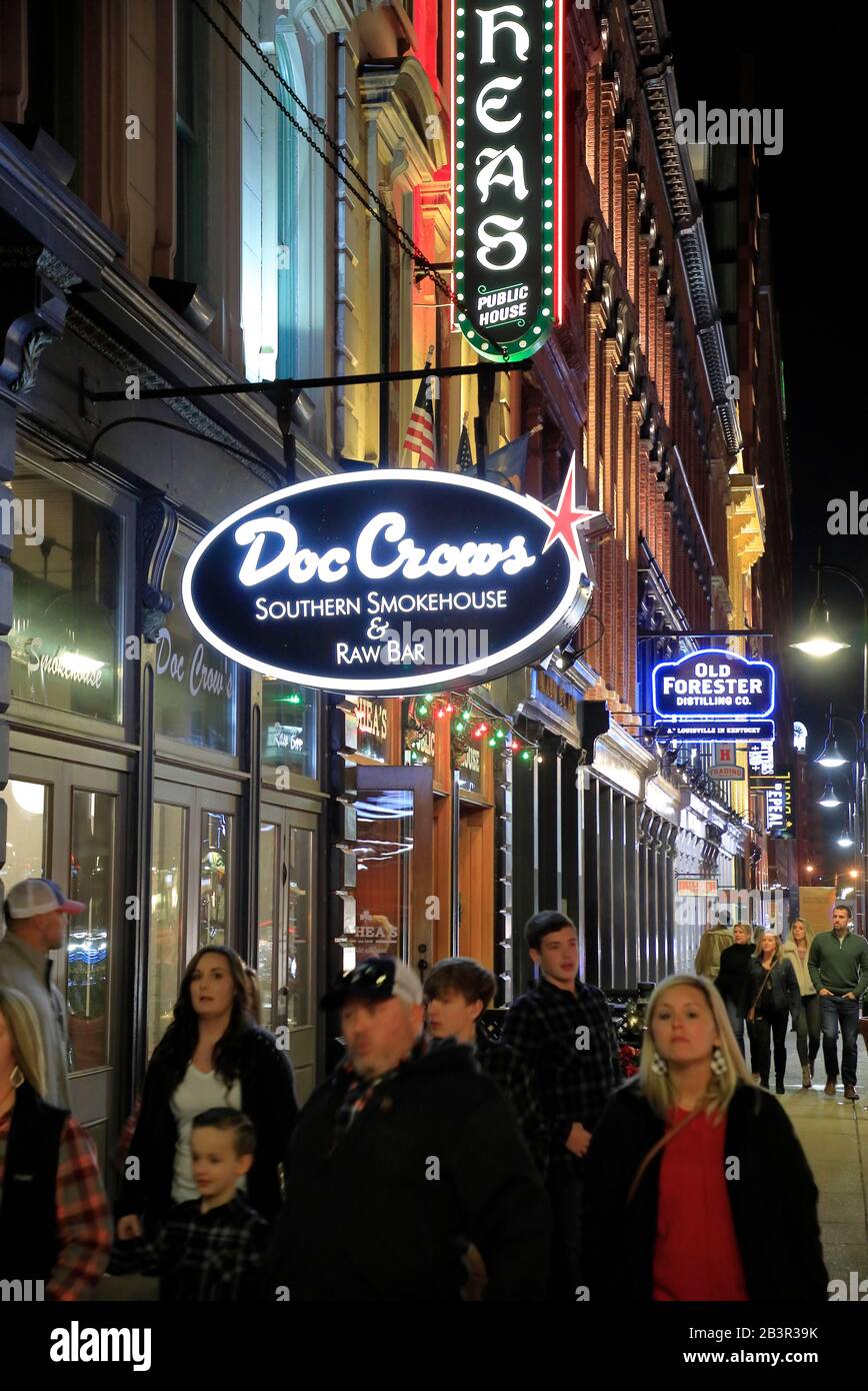 Night view of Whiskey Row in historic downtown Louisville.Kentucky.USA ...