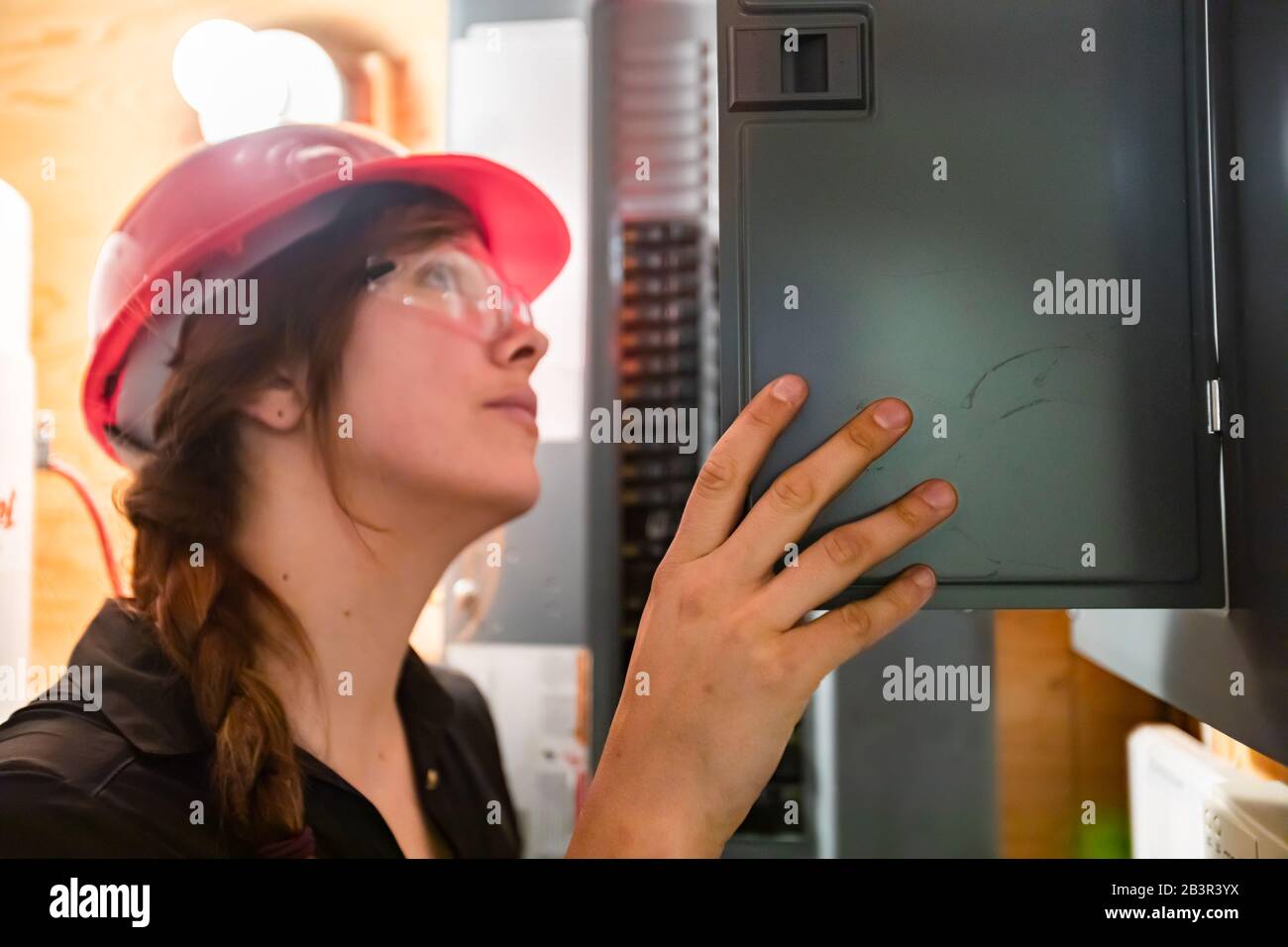close up on construction inspector woman inspect house electrical ...