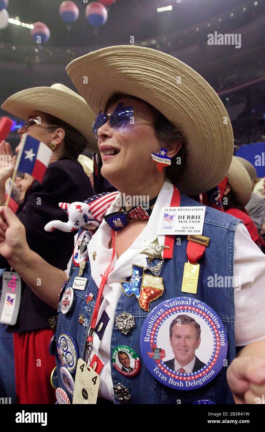 Philadelphia, Pennsylvania USA, 02AUG2000: Female delegate decked out in colorful political garb ...