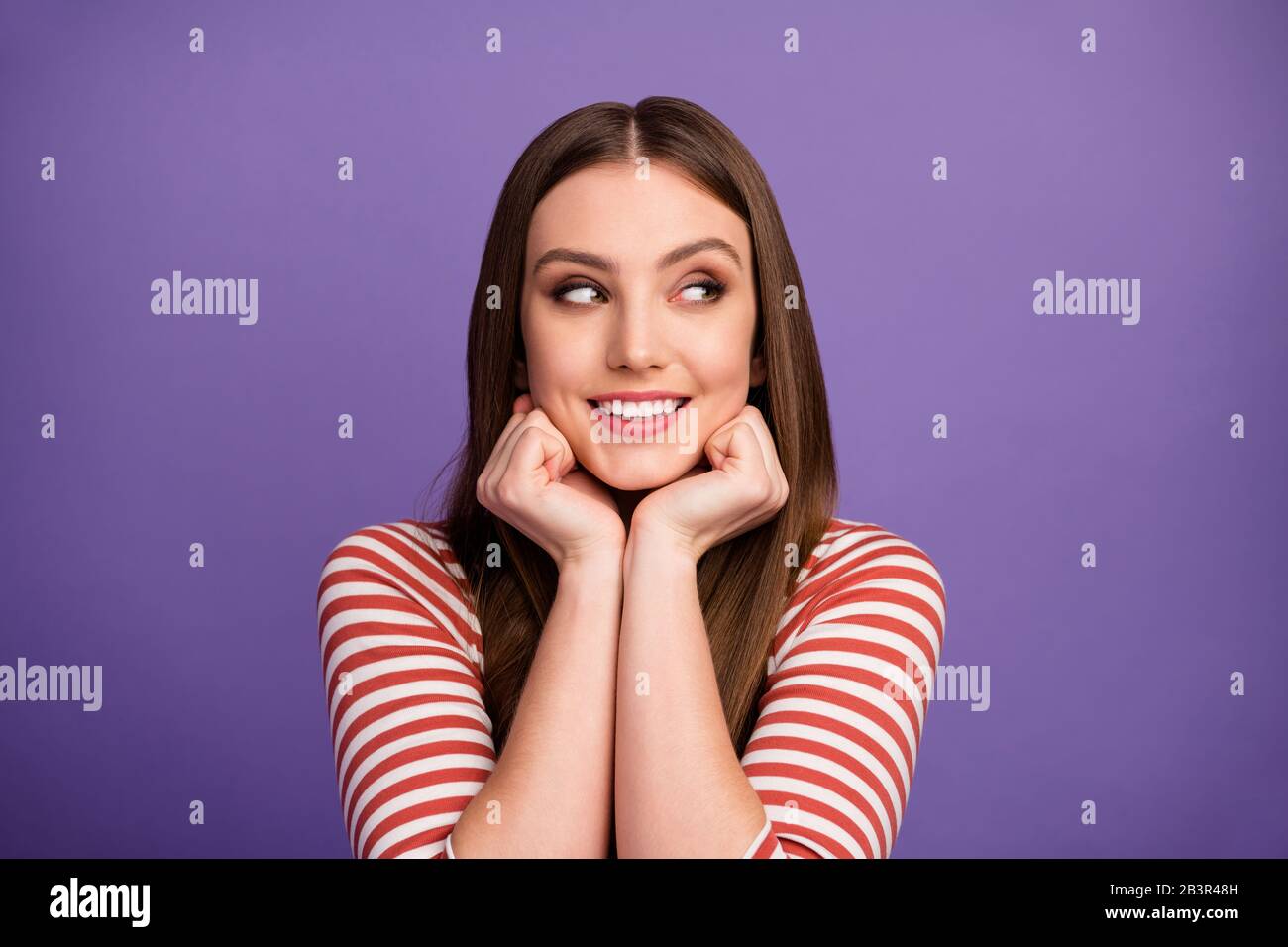 Closeup photo of attractive funny lady good mood cunning eyes look side ...