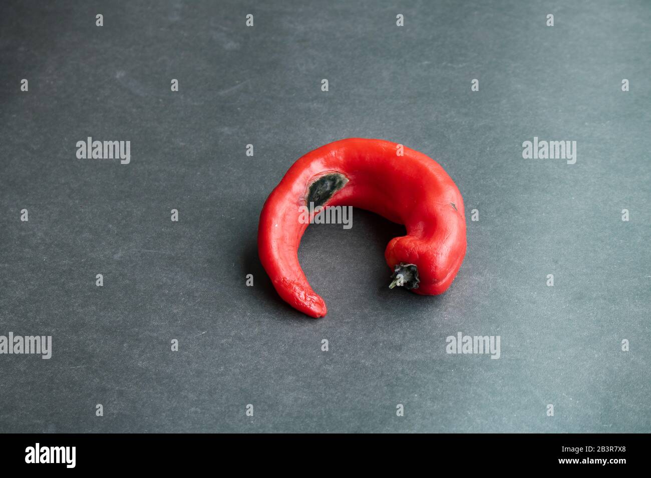 Spoiled red chili pepper. Ugly food trend, Flat lay and copy space ...