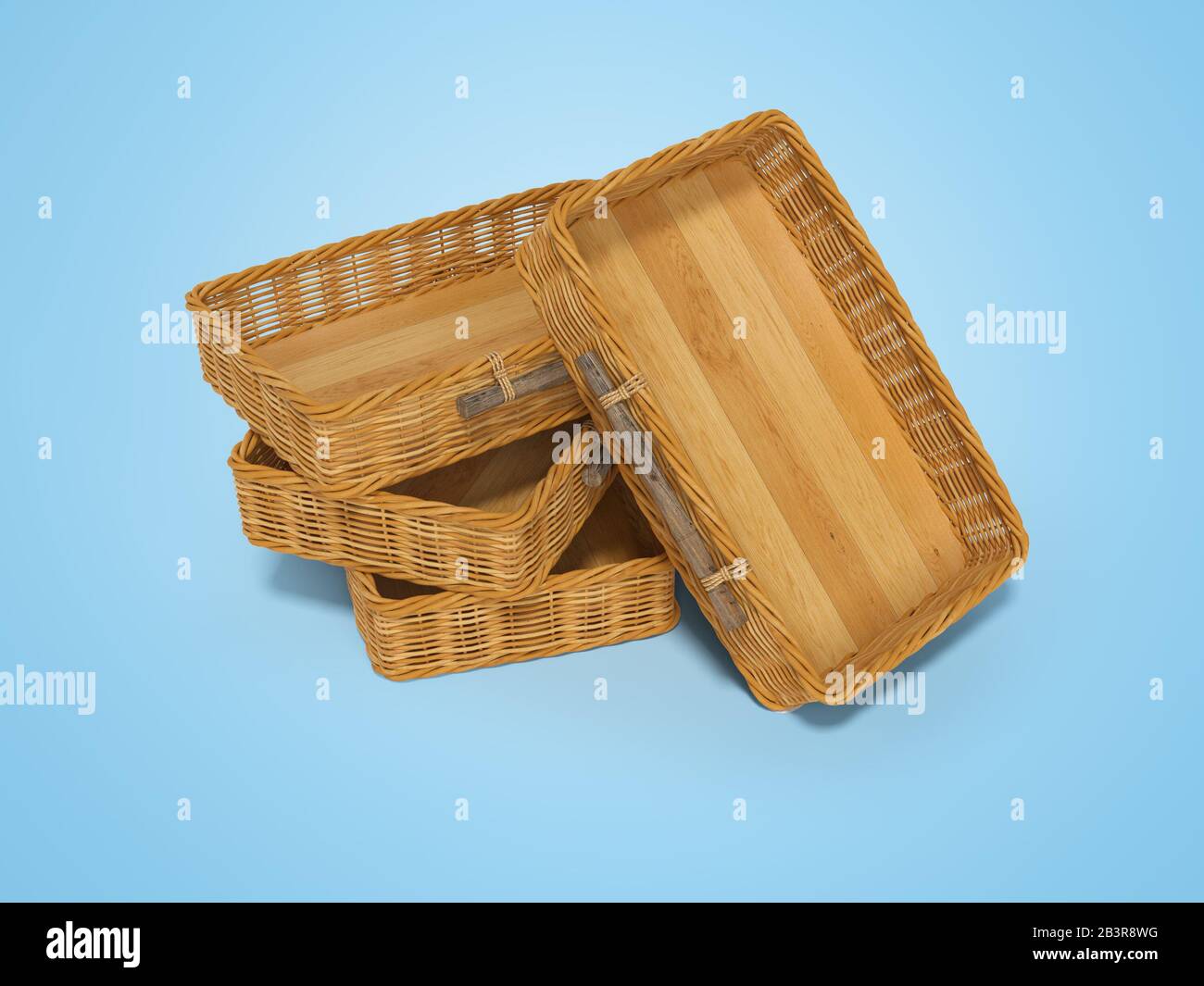 3d rendering of group wicker wooden boxes perspective on blue ...