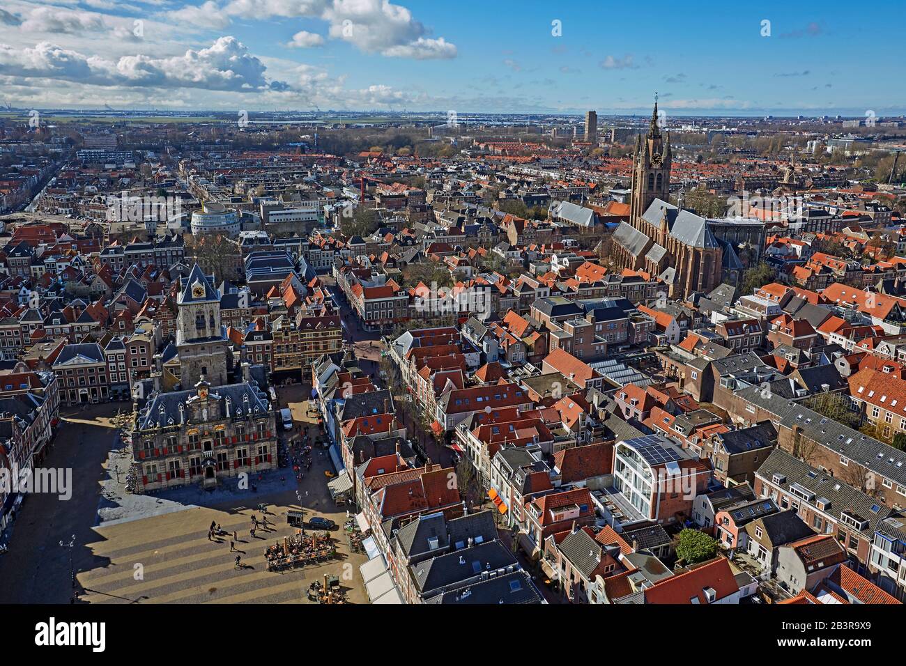 Elevated view of the skyline of Delft, Holland with spire of the old ...