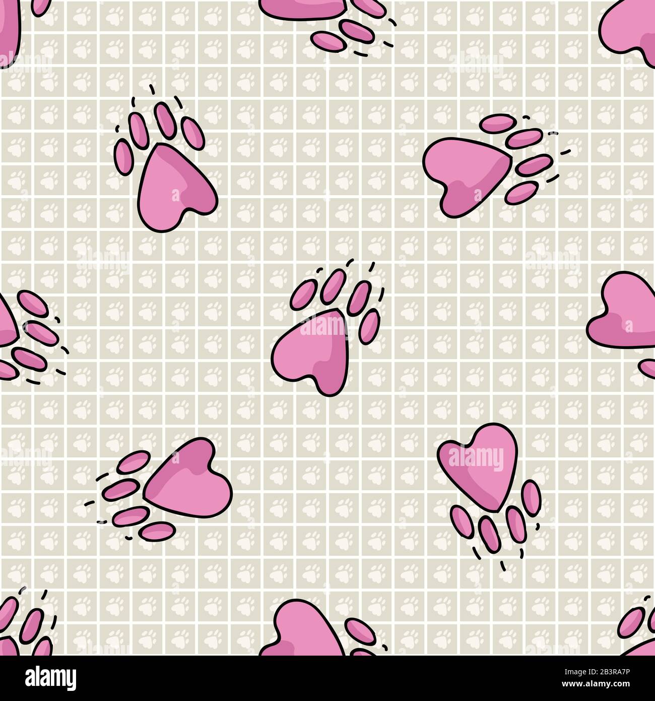 Hand drawn cute pink puppy dog paw seamless vector pattern. Wild animal ...