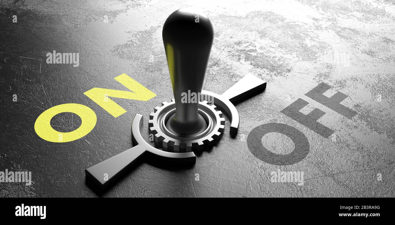 On off concept. Retro electric control switch against old industrial ...