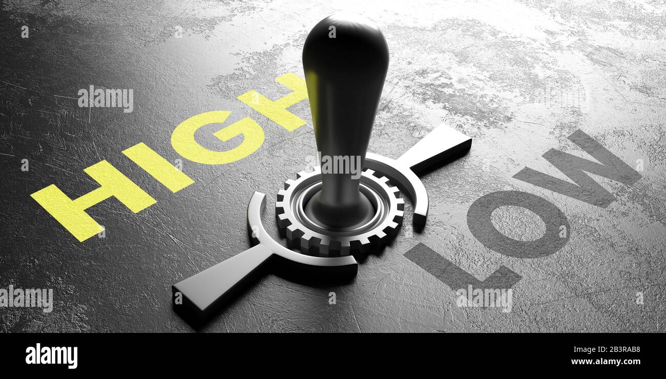 High low concept. Retro electric control switch against old industrial ...