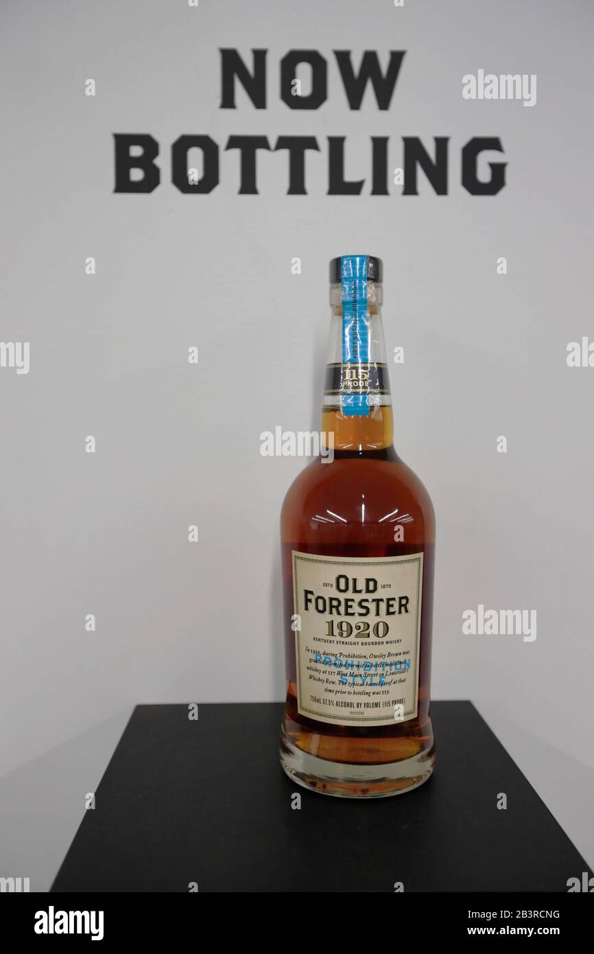 A bottle Old Forester 1920 Prohibition style Bourbon whiskey display in ...