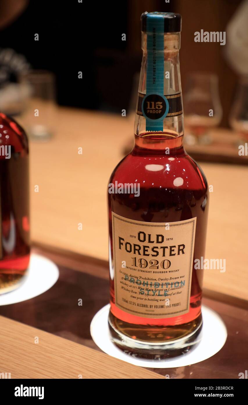 A bottle Old Forester 1920 Prohibition style Bourbon whiskey display in ...