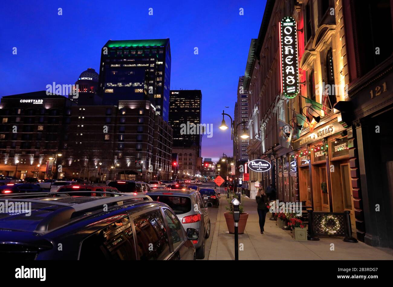 The night view of Whiskey Row and downtown of Louisville.Kentucky.USA ...