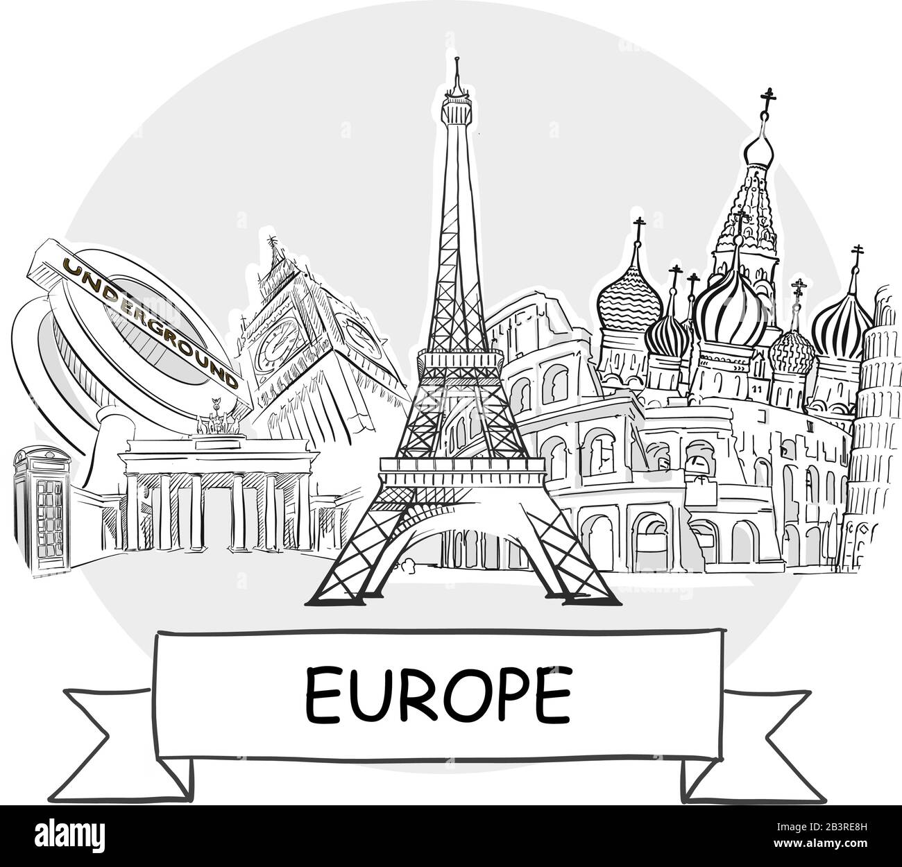 Europe Hand-Drawn Urban Vector Sign. Black Line Art Illustration with ...