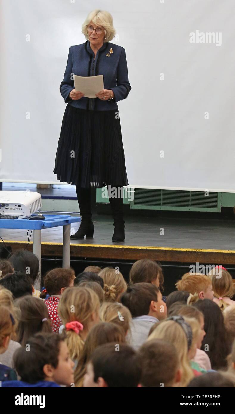 The Duchess of Cornwall speaking during a visit to Bousfield Primary ...