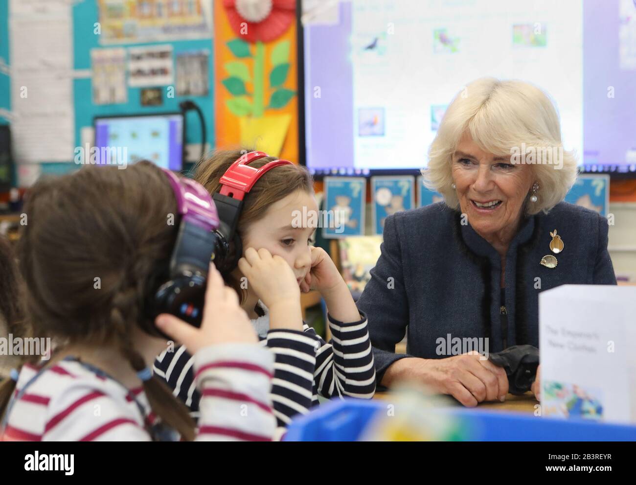 The Duchess of Cornwall speaking to year one pupils during a visit to ...