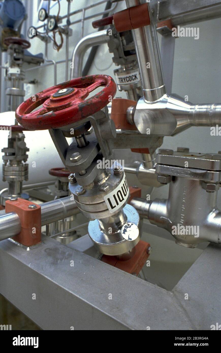 Austin Texas USA, circa 1992: Liquid nitrogen storage tank and valves ...