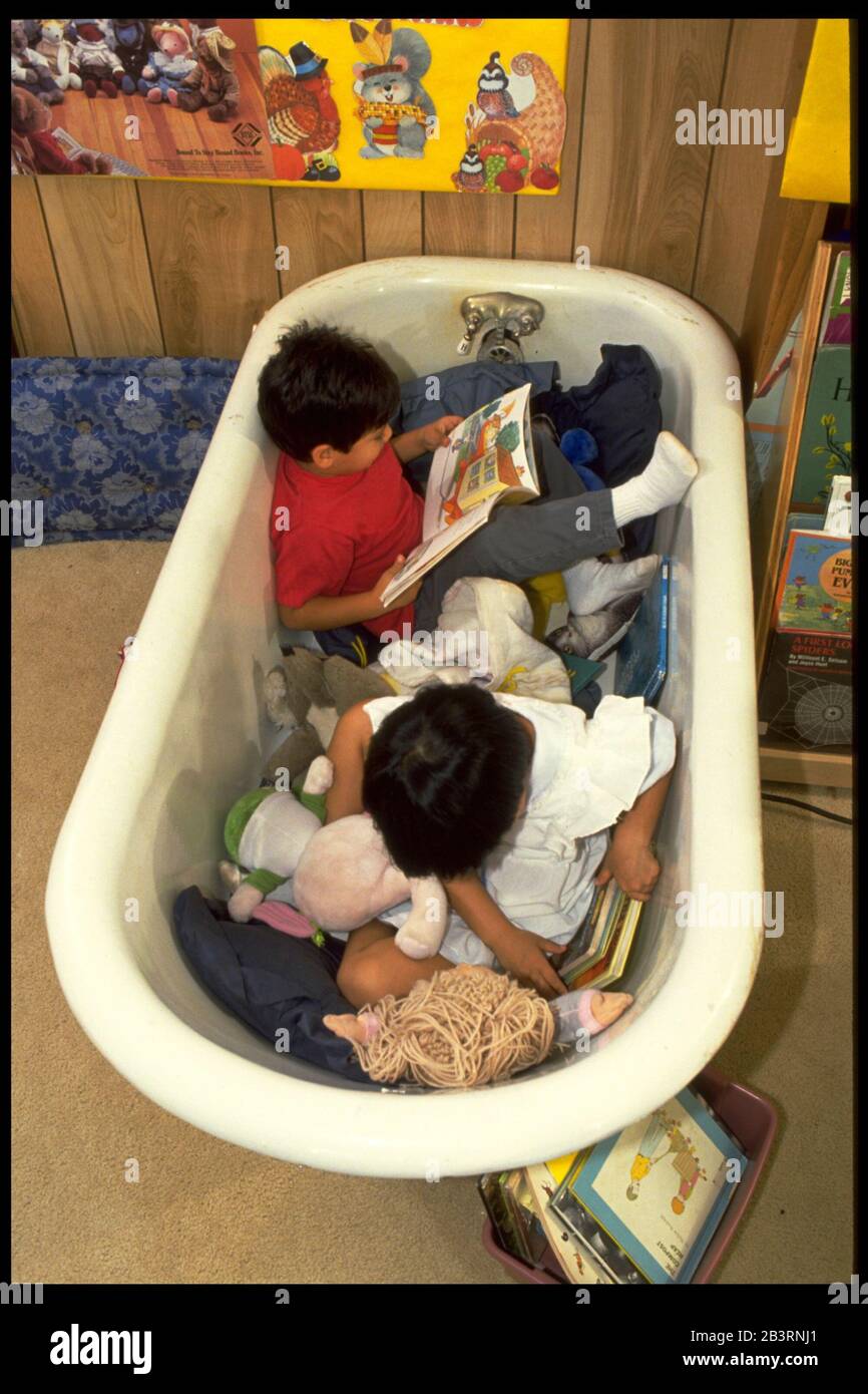 Austin Texas USA, circa 1988: Pre-school students sit in tub used for ...