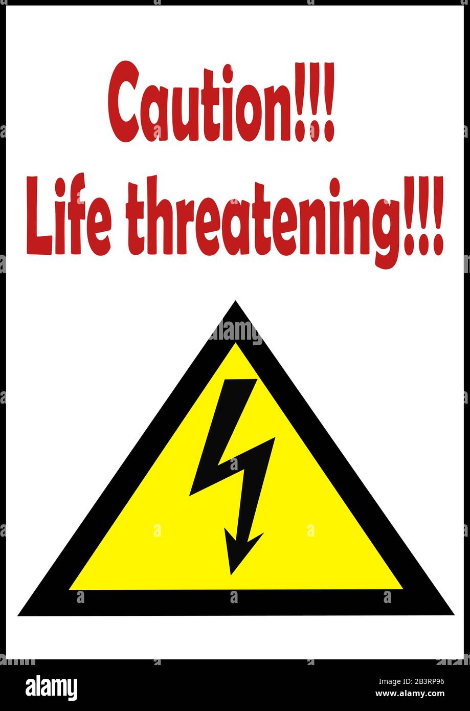 Warning sign of danger of electricity. Arrow on a yellow background ...