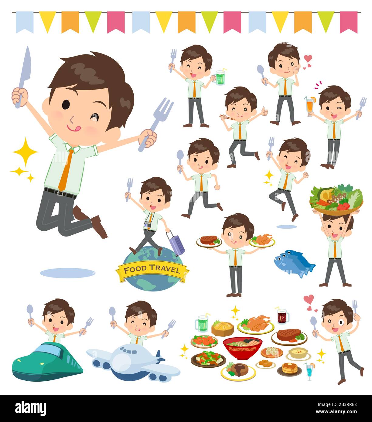 A set of school boy on food events.There are actions that have a fork ...