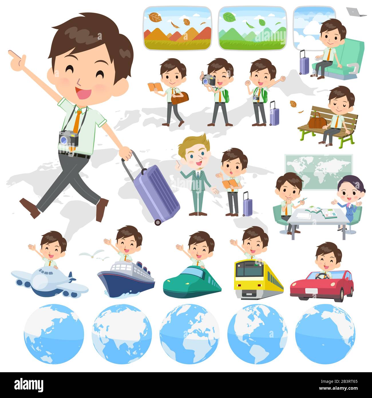 A set of school boy on travel.There are also vehicles such as boats and ...