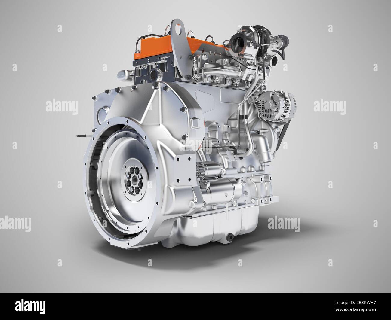 3D rendering orange engine for car assembly on gray background with ...