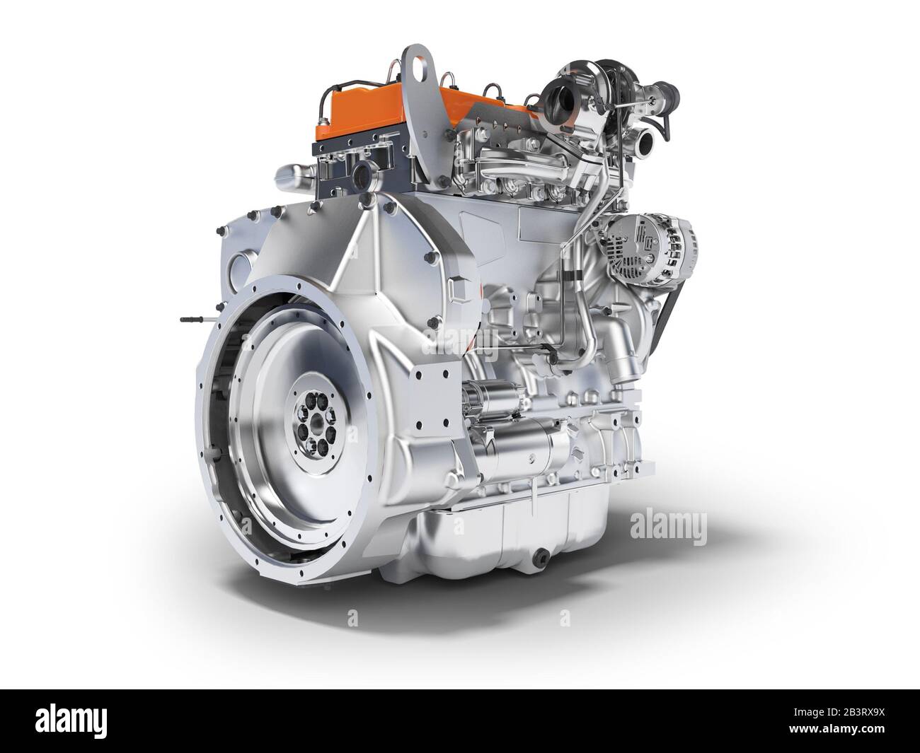 3D rendering orange engine for car assembly on white background with ...