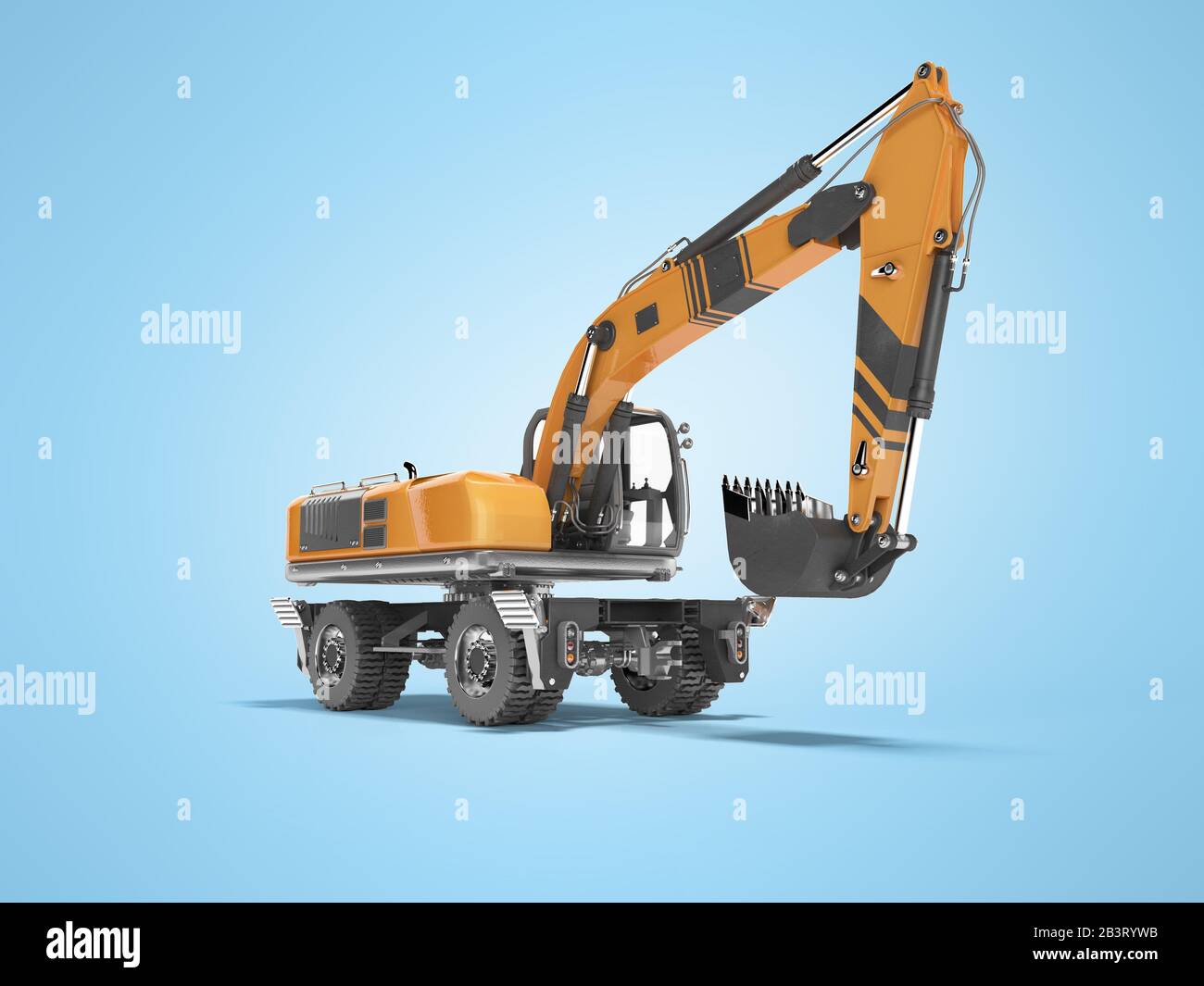 3D rendering orange hydraulic wheel excavator isolated on blue ...